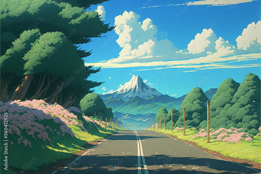 Asphalt rad to the volcano. Snow-covered peak. Superb anime-styled and ...