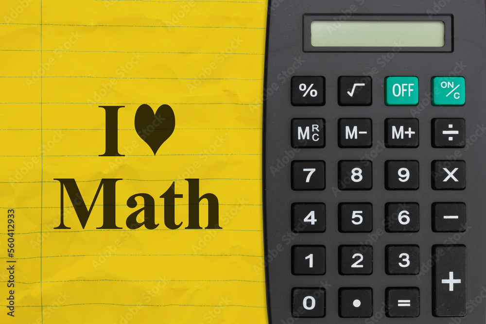 I love math message on yellow ruled notebook crumpled paper with a ...