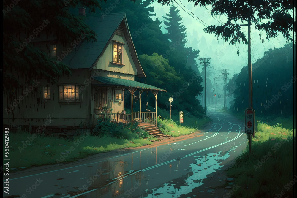 Country house and muddy road after the rain. Superb anime-styled and ...