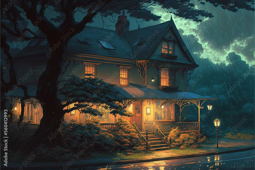 Lightened house on the rainy night. Superb anime-styled and DnD ...