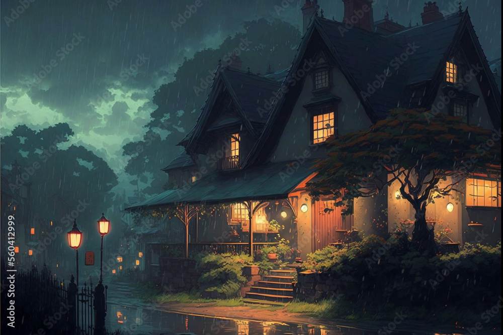 Rainy night. Superb anime-styled and DnD environment Stock Illustration ...