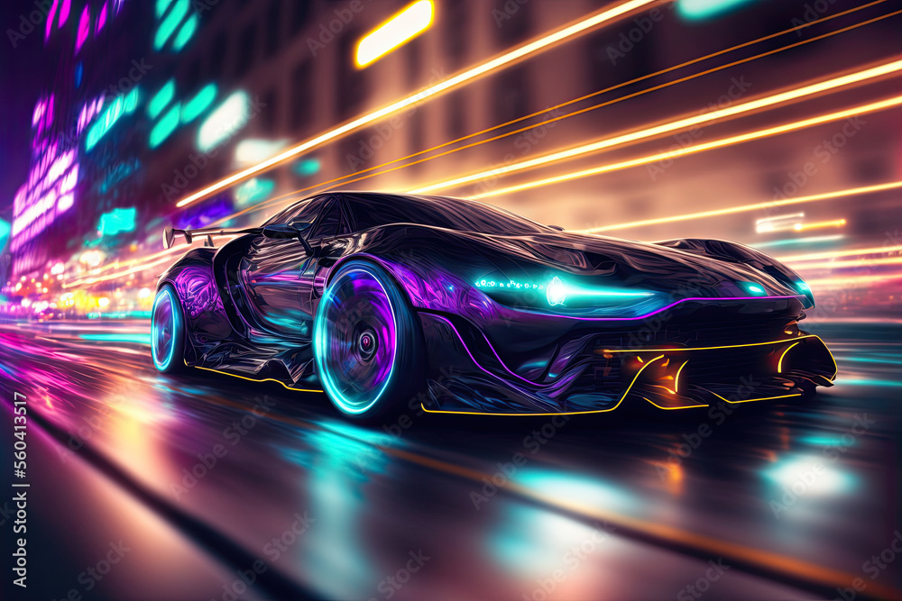 Ilustracja Stock: futuristic car at high speed at night in city with motion blur. generative ai ...
