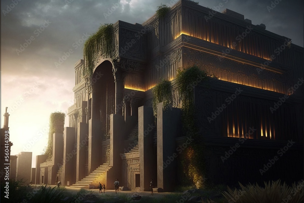 Architecture of Ancient Babylon, ancient temple, neon illumination ...