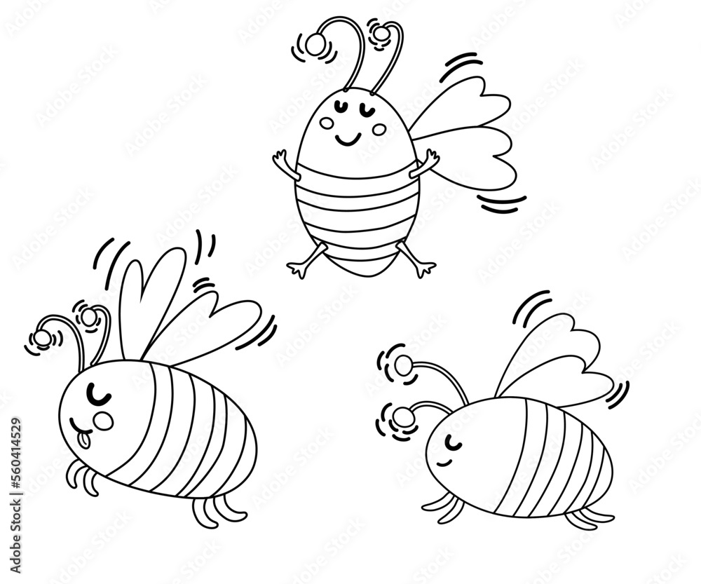 Bees linear. Linear collection of doodle bees. Simple hand drawn ...