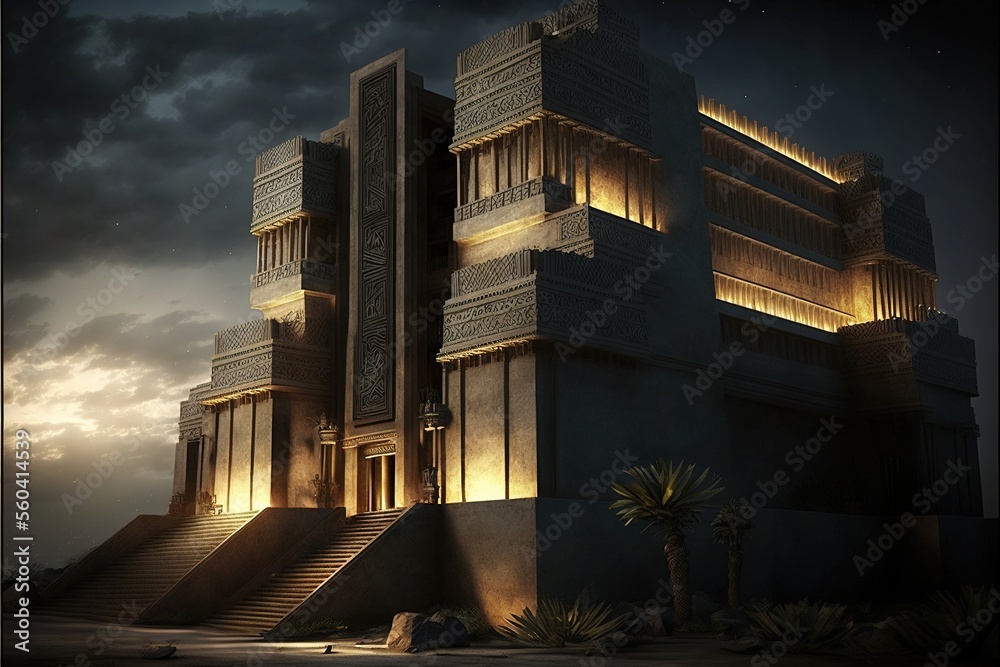 Architecture of Ancient Babylon, ancient temple, neon illumination ...