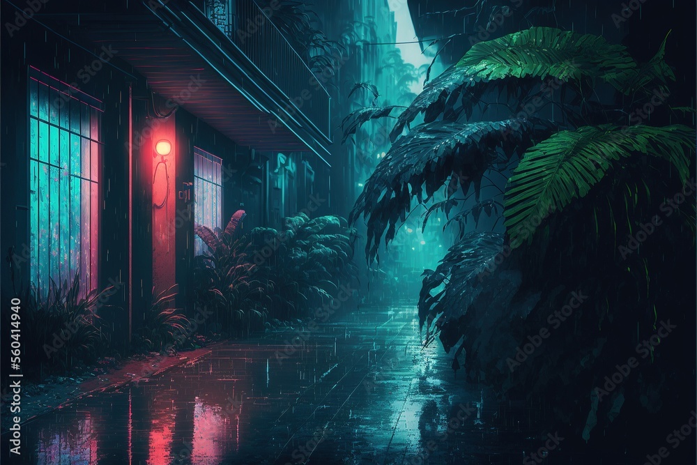 Night tropical city in cyberpunk style, neon light, tropical plants ...