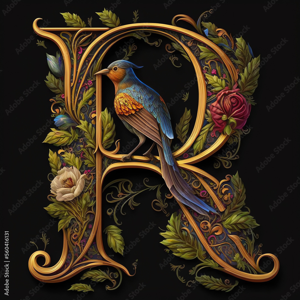 Illuminated letter R font, Birds, Generative AI Stock Illustration ...