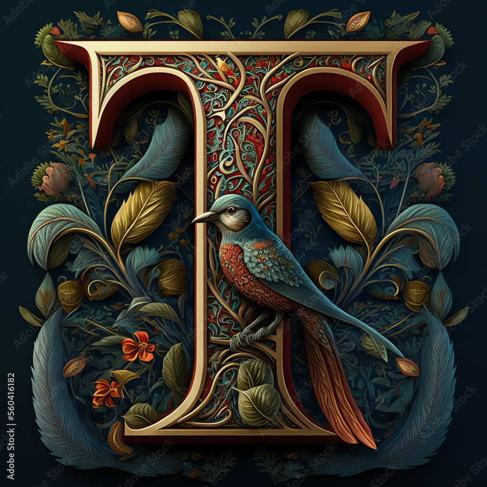 Illuminated letter T font, Birds, Generative AI Stock Illustration ...