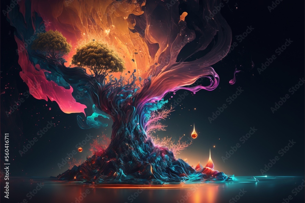 Mystical tree illustration depicting forest fires, deforestation and ...