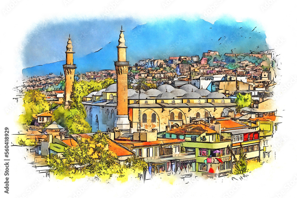 Grand Mosque of Bursa, a historic mosque in Bursa, Turkey, a major ...