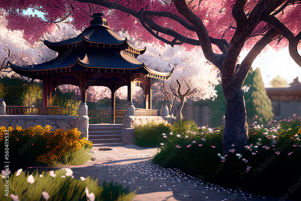 Asian garden with pagoda and sakura trees. Cherry blossom in park in ...