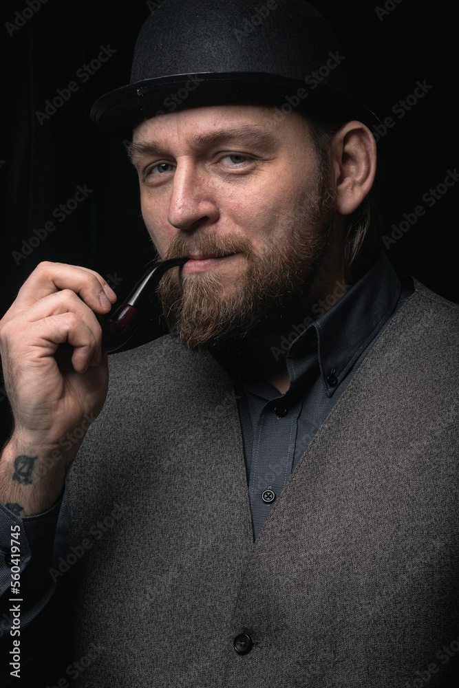 stylish man in retro outfit suit hat smoking wooden pipe sherlock holmes look cosplay england ...