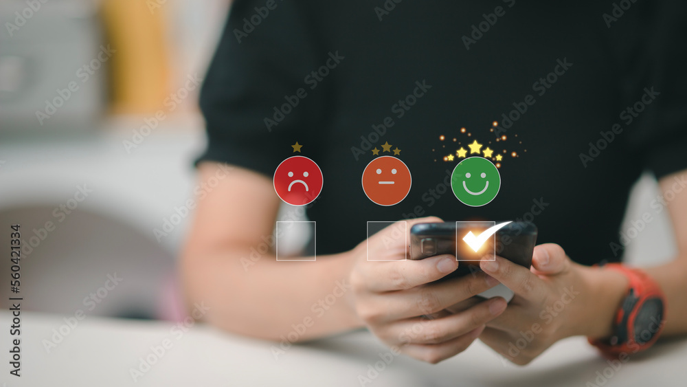 smart woman use smartphone choosing green happy smile face icon ...