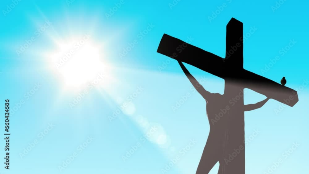 Jesus and black crow. Crucified Christ dies on a wooden cross under ...