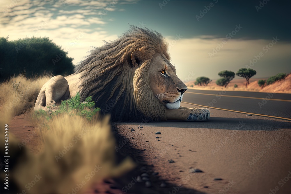 stunning image of a male lion taking a break by the roadside ...