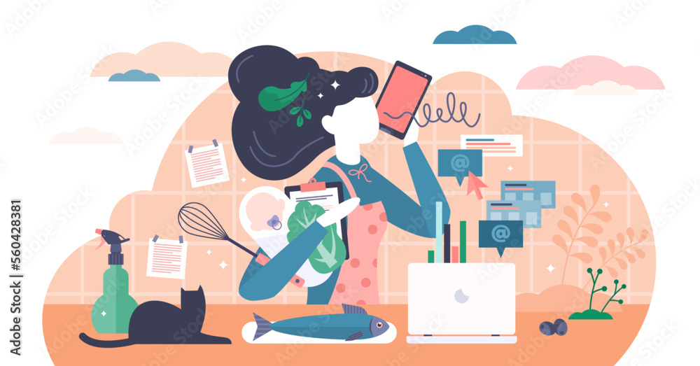Multitasking busy mom at home concept, illustration tiny female person ...