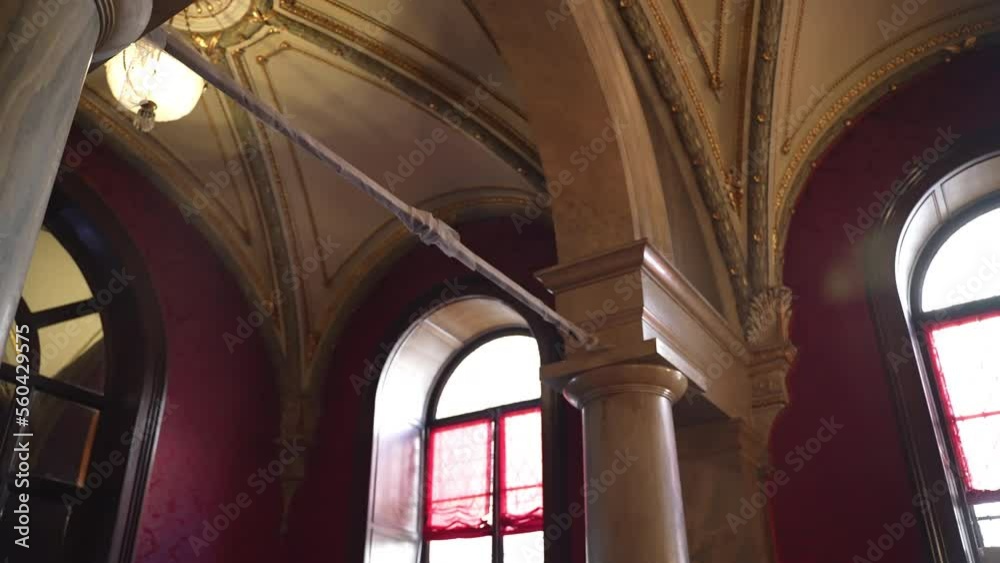 Classical interior design of ancient times, high decorated ceilings ...