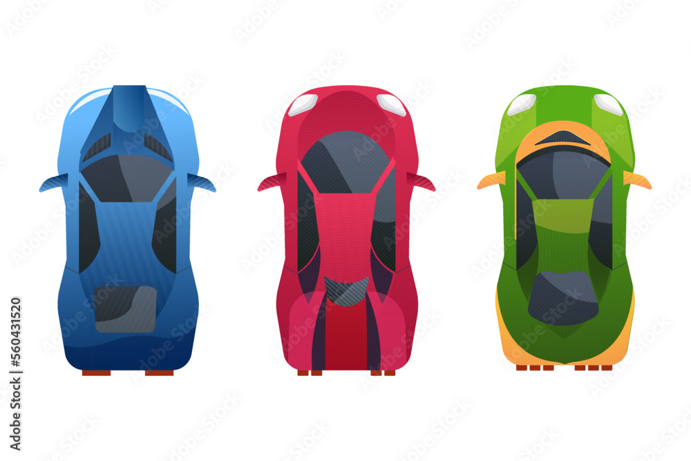Set race car top view in cartoon style transport with shadows and light ...