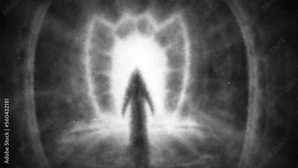 Dark monk stands in catacombs. Light in end tunnel. Dark corridor of ...