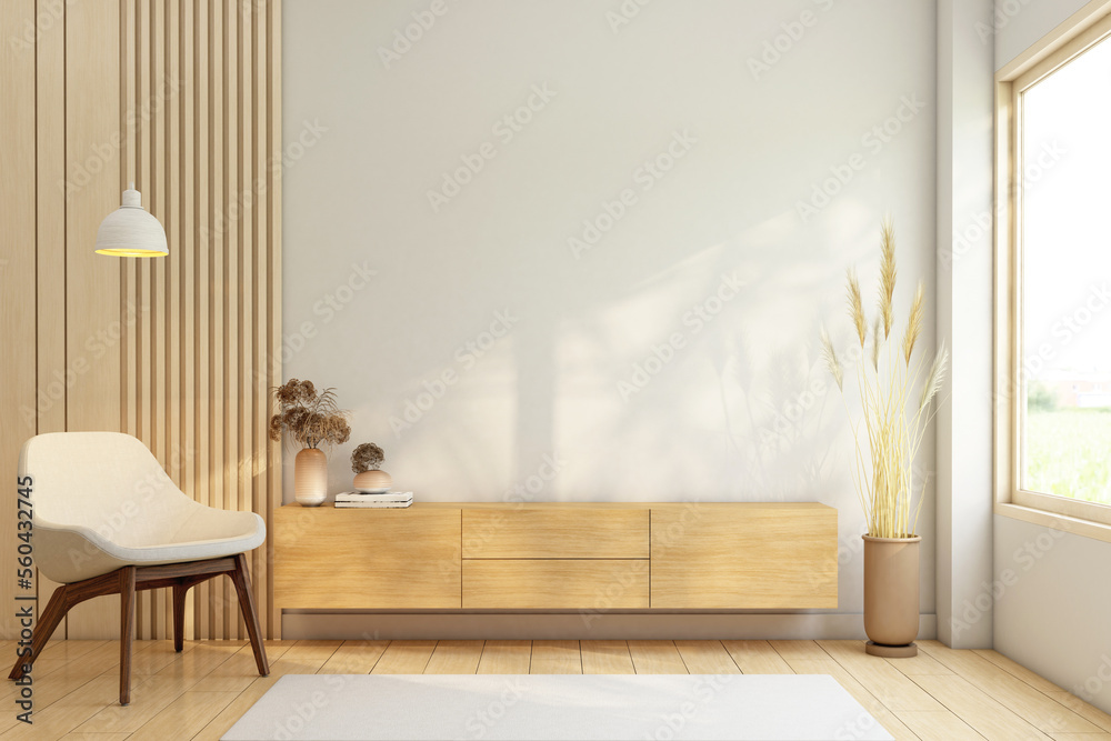 Japandi style living room decorated with wood tv cabinet and wood slat ...