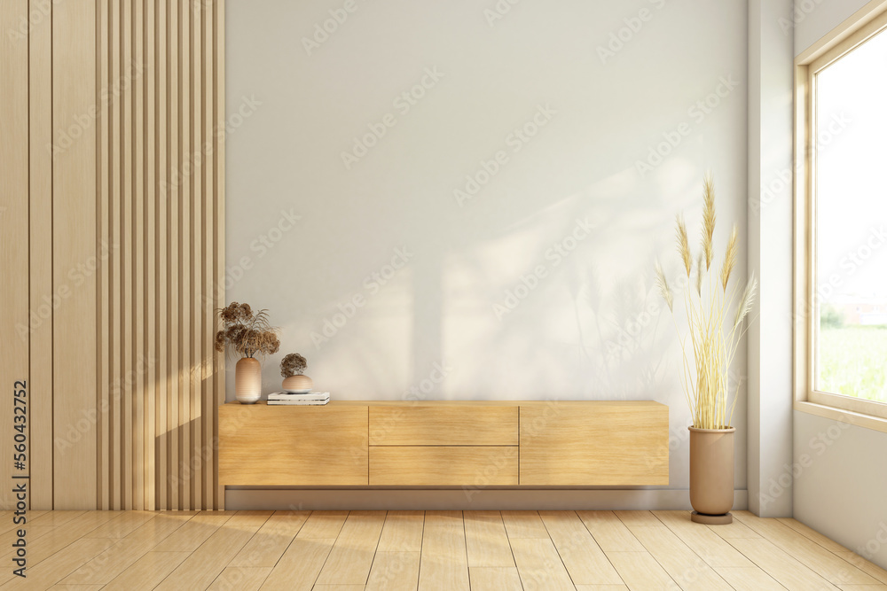 Japandi style living room decorated with wood tv cabinet and wood slat ...