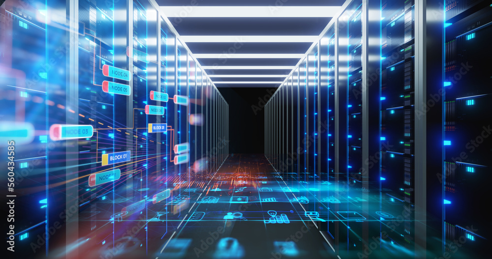 Corridor of server room with server racks in datacenter. 3d ...