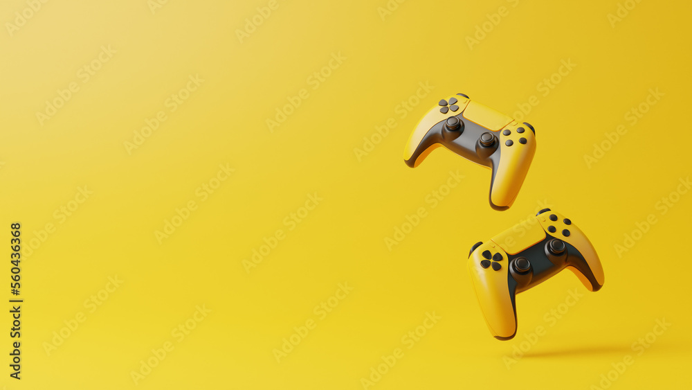 Flying gamepad on a yellow background with copy space. Joystick for ...