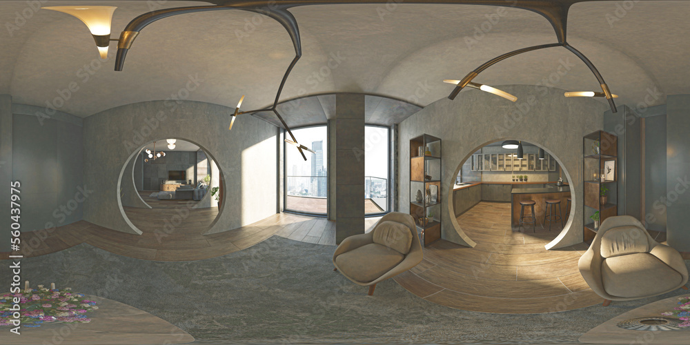 Luxurious and modern open space with circular holes in the walls ...