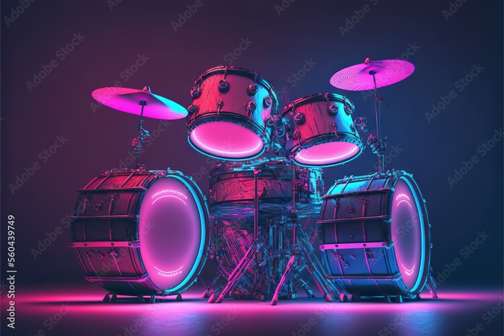 a drum set with neon lights on it in a dark room with a purple ...