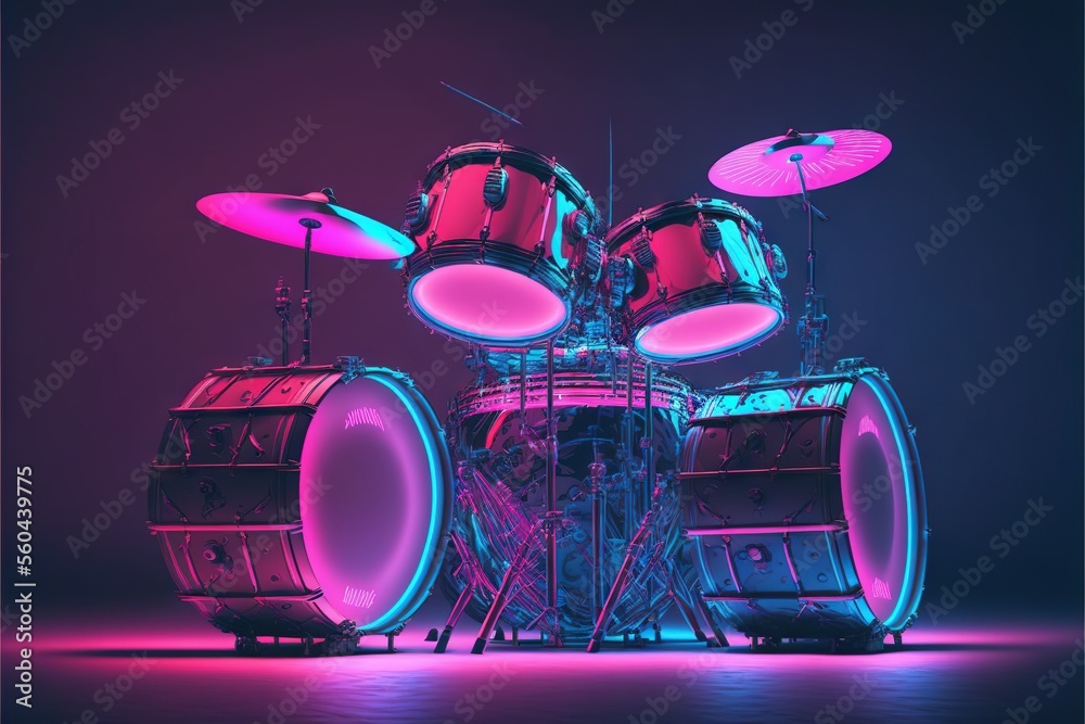 a drum set with neon lights on it in a dark room with a black ...
