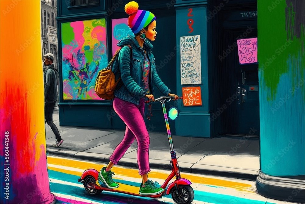 beautiful black girl riding an electric kick scooter in colourful urban ...