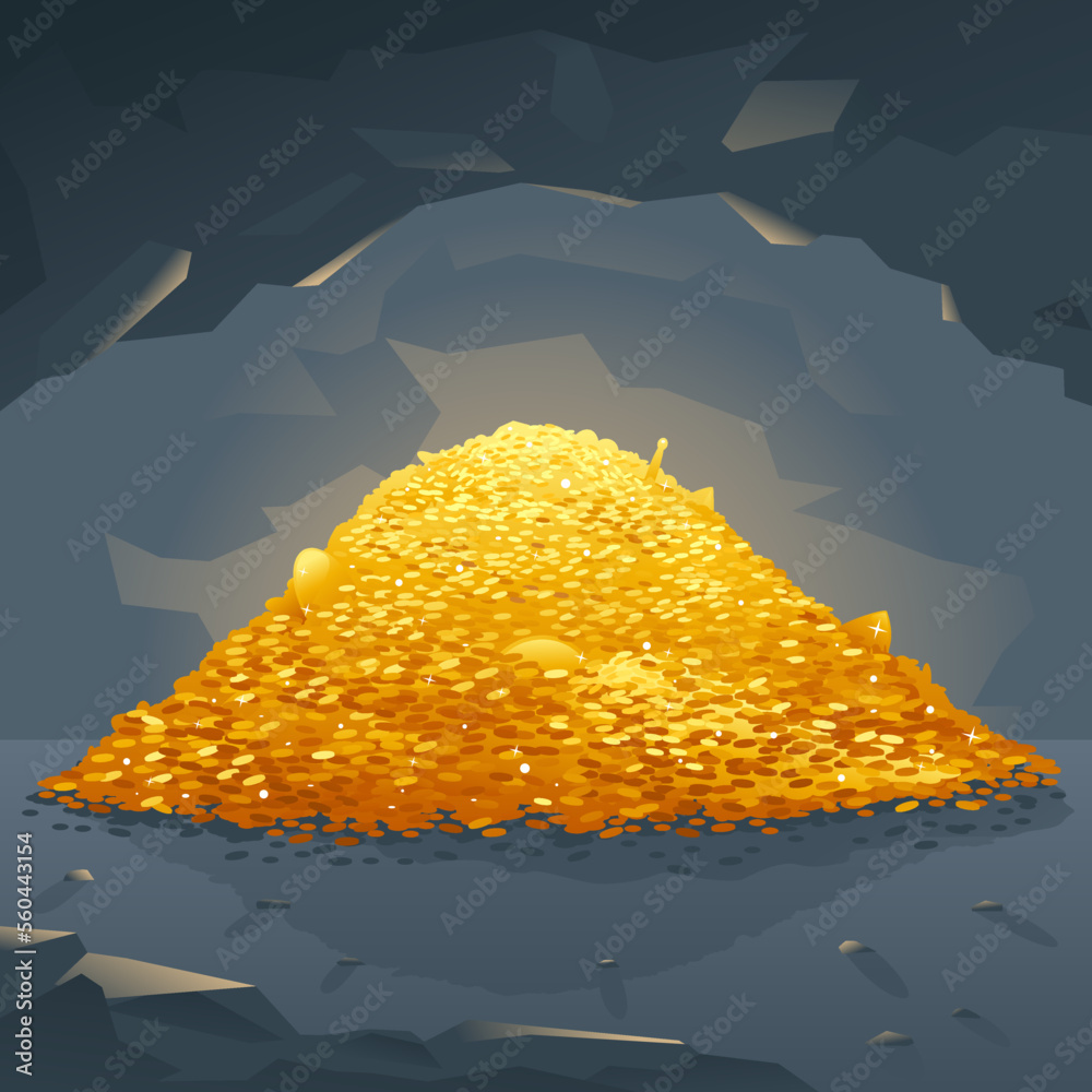 Big bright pile of gold coins in dark cave, treasures hidden deep in ...