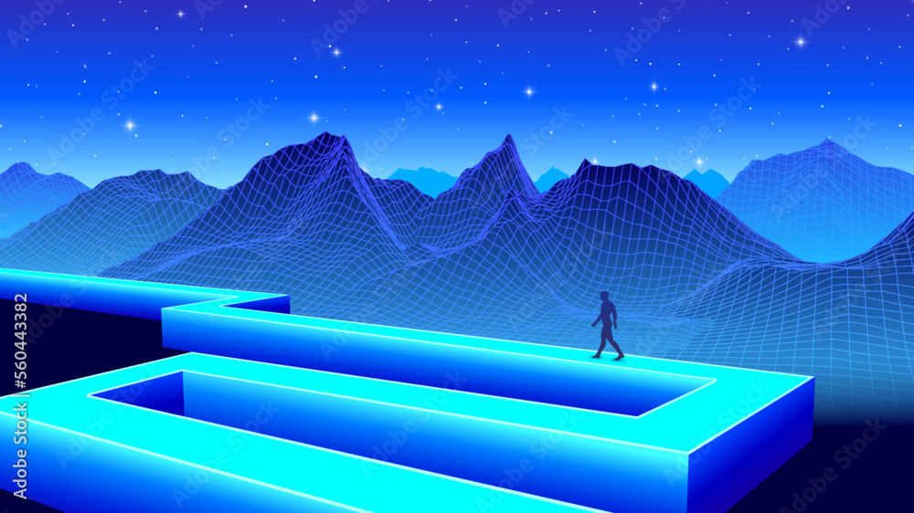 Shiny path concept with human figure walking in the synthwave landscape ...