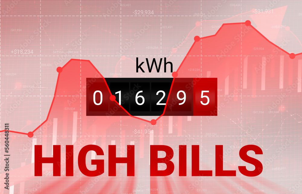 High bills background with an electricity meter and red graph going up ...