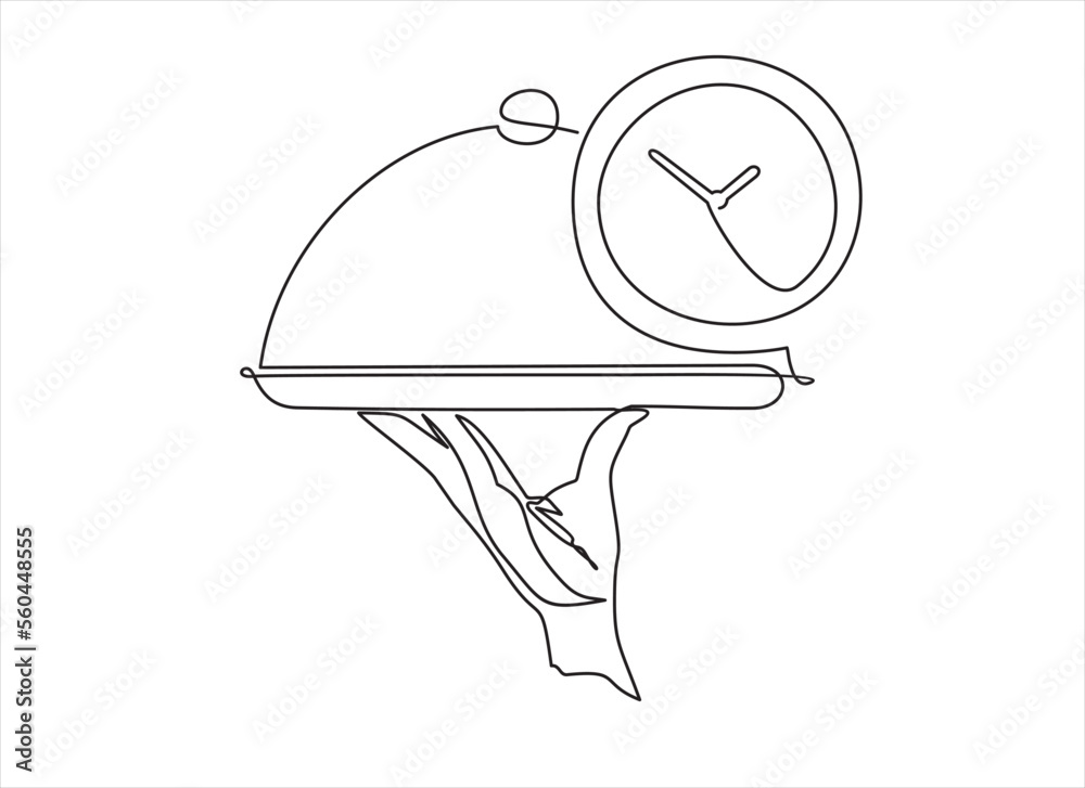 Serve Clock. One continuous line drawing. The waiter carries clock on a ...