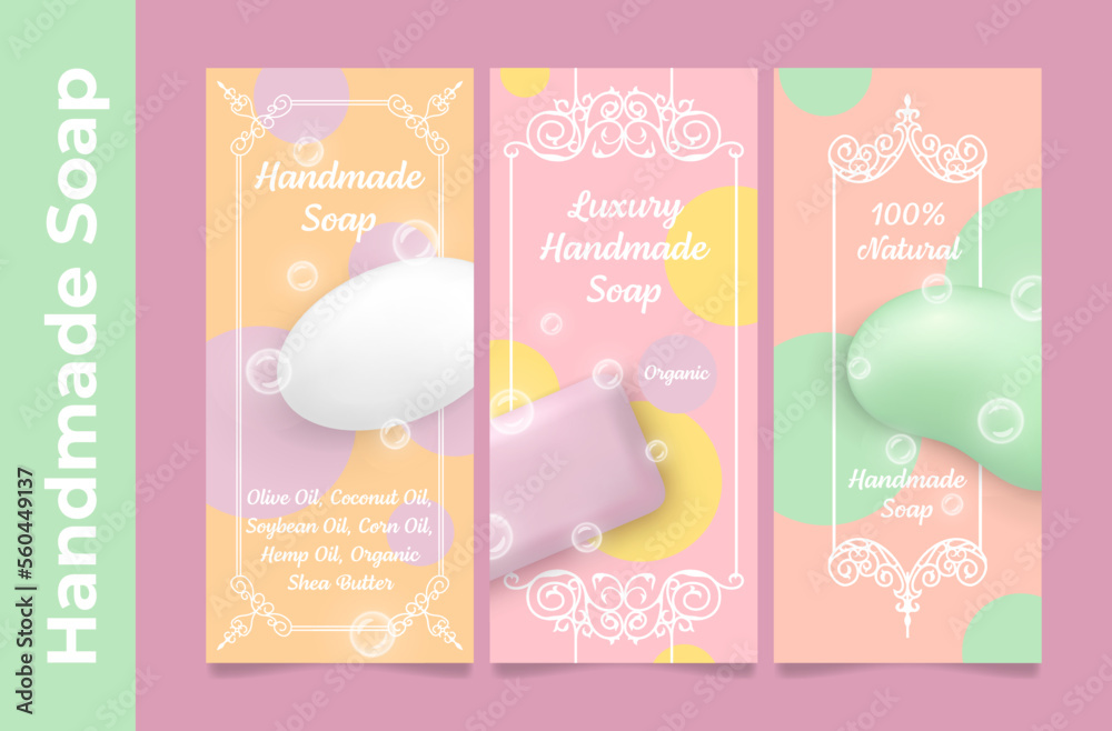Organic handmade soap luxury curved ornamental pastel poster set ...