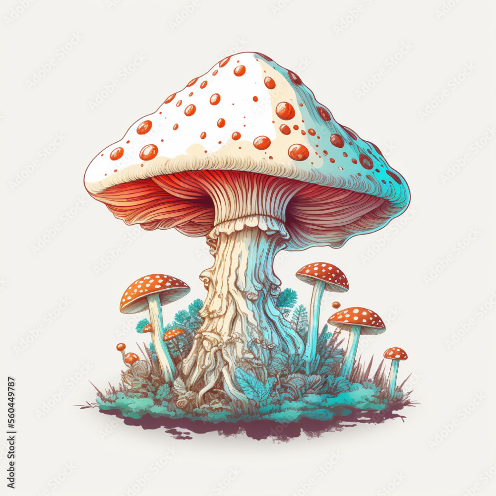Magic Mushroom Color Line Drawing Illustration White Background