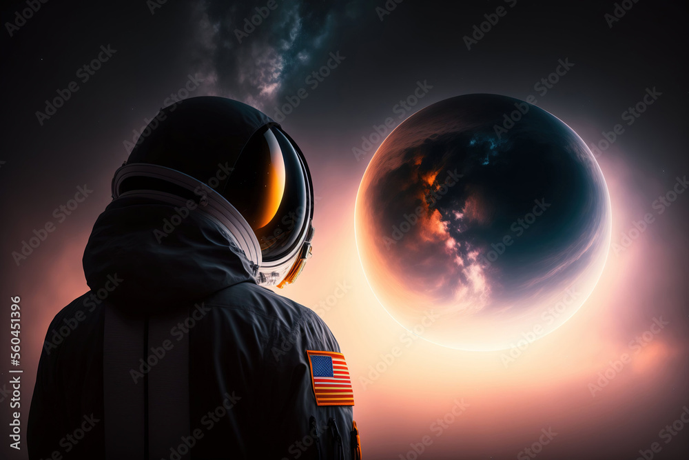 From behind, astronaut looking at a far planet in cosmos. Generative AI ...