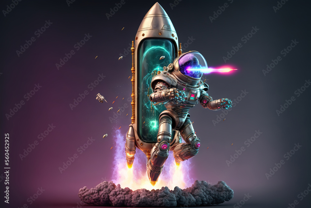 Robot and rocket startup on mobile, Cyborg work with virtual abstract ...