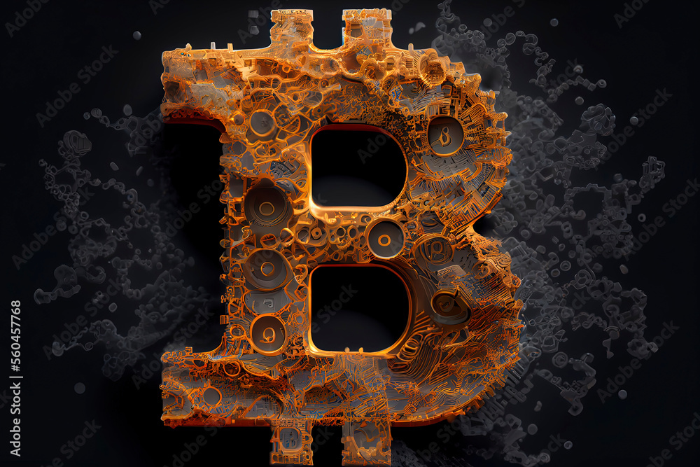 Bitcoin symbol in an abstract microstructure of black and gold blocks ...