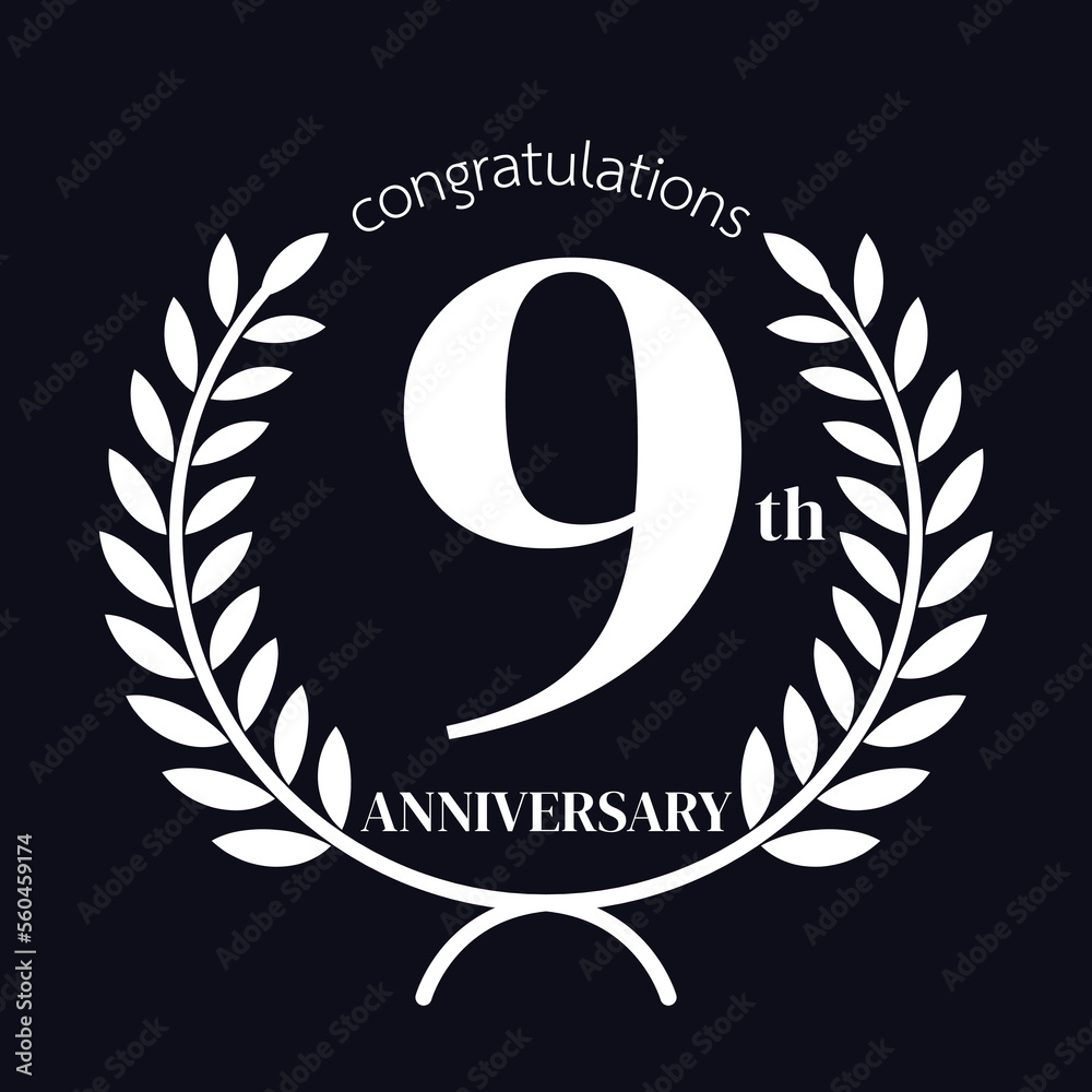 9th anniversary logo,with Laurel Wreath ,black and white style. Vector ...