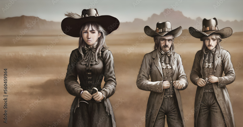 Old west frontier woman with her two cowboy sons. cartoon illustration ...