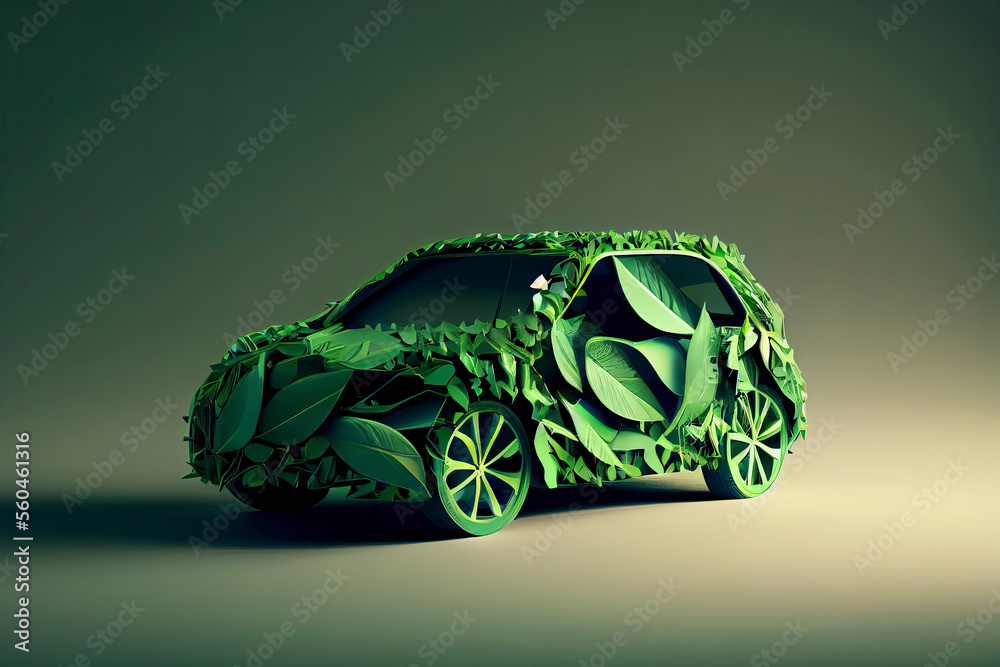 Green eco car concept made up of green leaves, 3D illustration,white ...