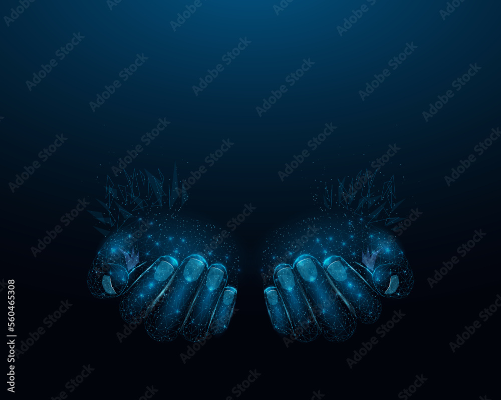 Two human hands. Wireframe glowing low poly hands. Design on dark blue ...