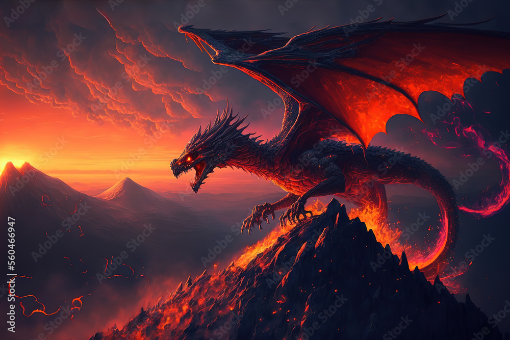 Fire breathes explode from a giant dragon in a black night, the epic ...