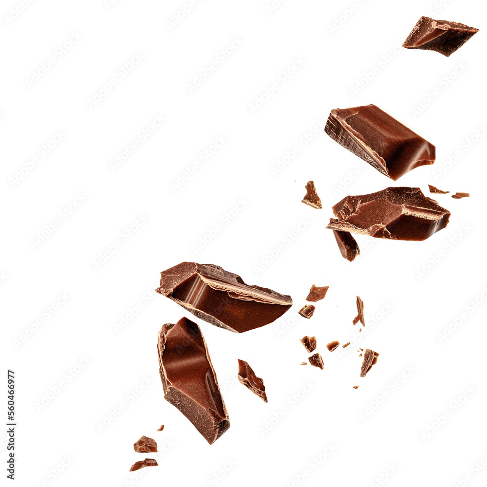 Levitating milk chocolate chunks isolated on white background. Flying ...