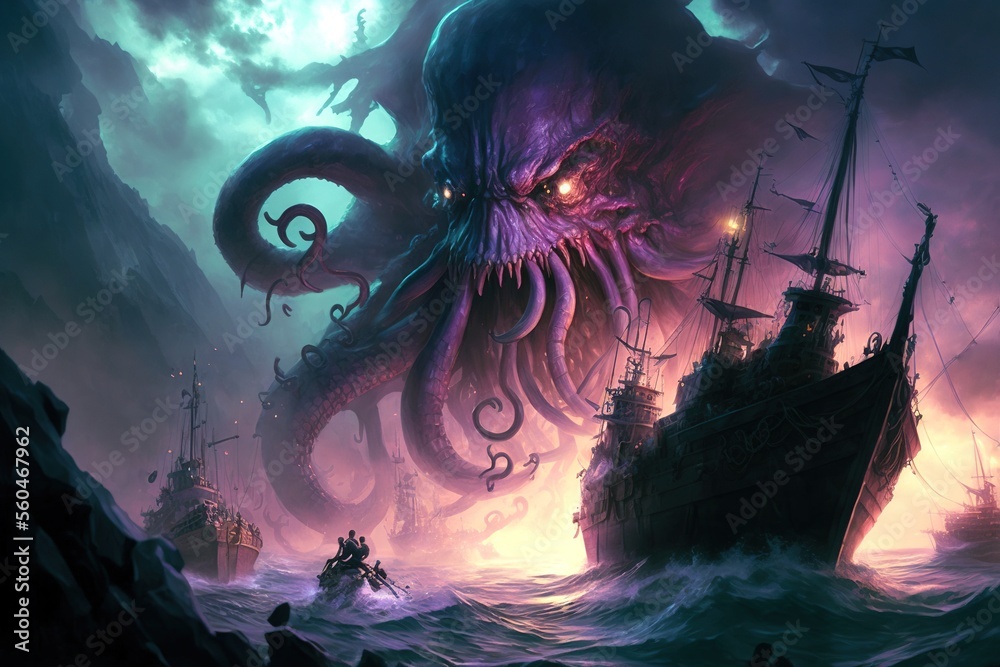 A giant purple octopus kraken monster attacking pirate ships in the ...