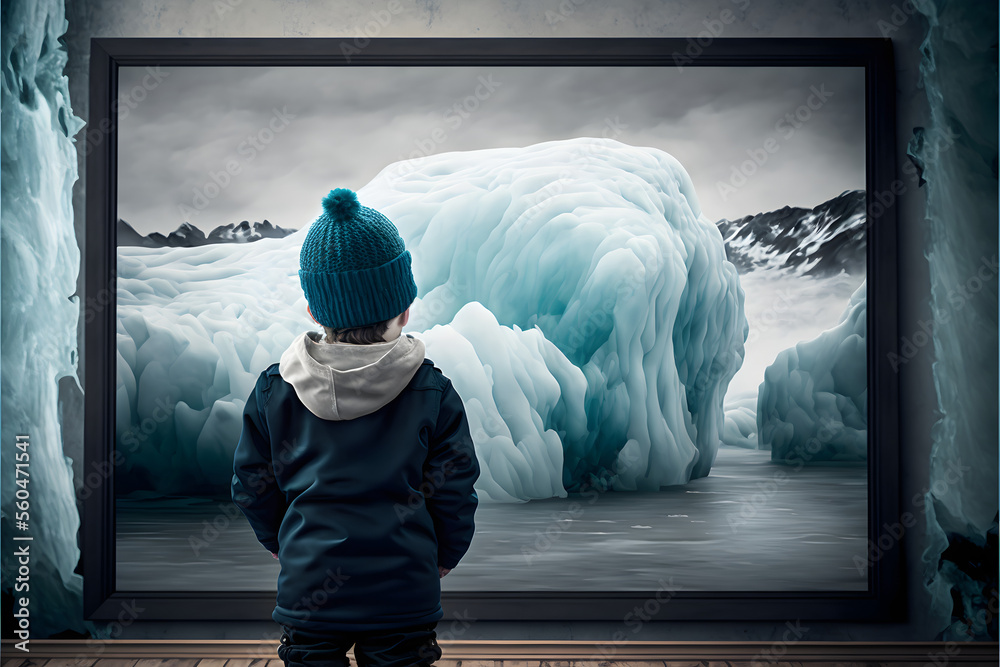 Child in a museum is watching at a glacier or iceberg illustrating ...