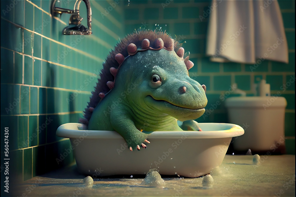 Cute dinosaur having a bath, ideal for kids stories and education ...
