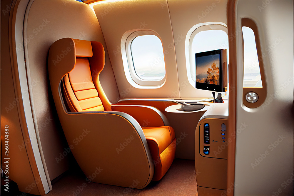 Luxurious first class airplane seat with lots of windows, generative AI ...